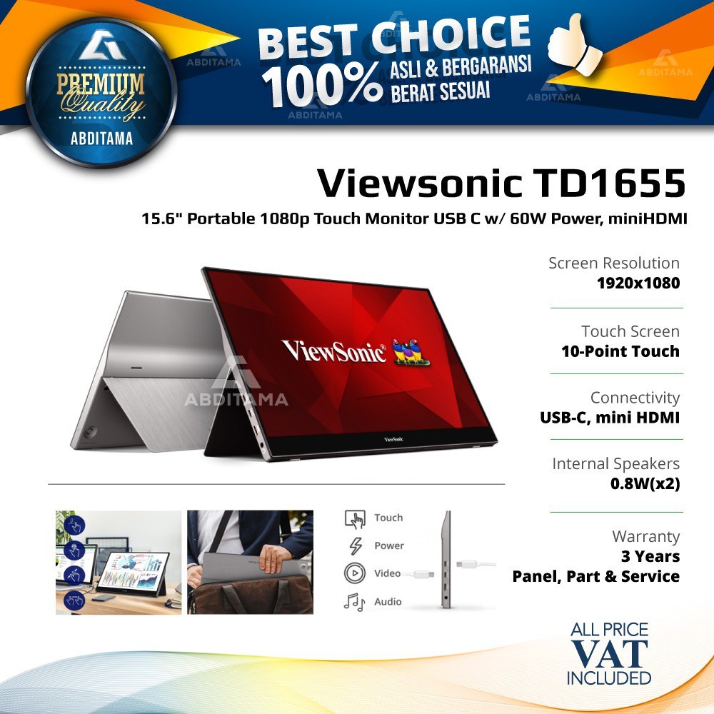 Jual Monitor LED Portable Viewsonic TD1655 15.6" IPS 1080 USB C 60w ...
