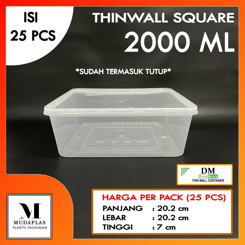 Jual Kotak Makan Plastik 2000 ml Square Thinwall DM Isi 25 pcs 2000ml ...