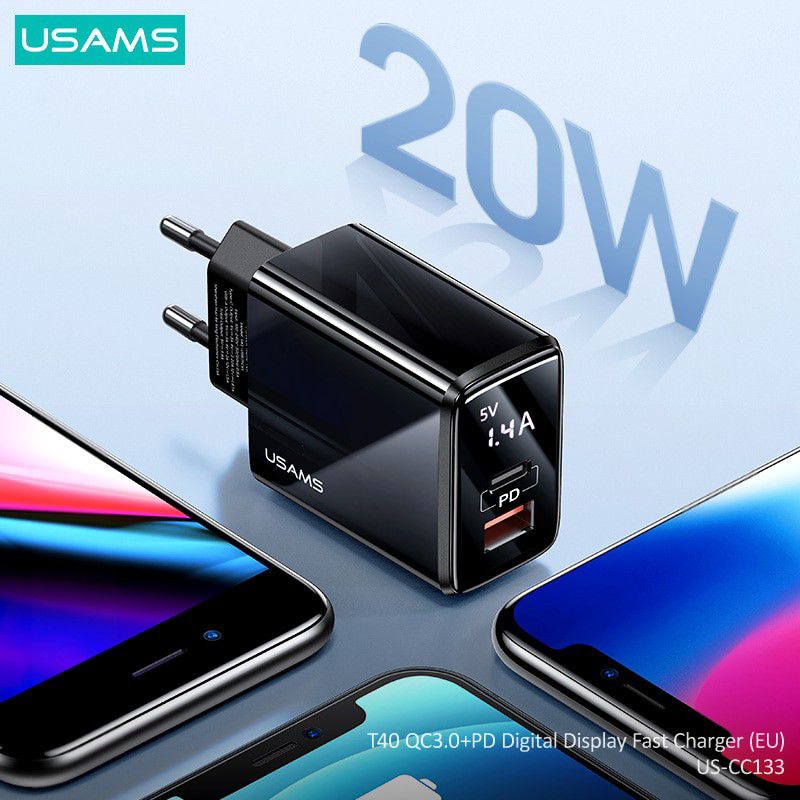 Jual USAMS T40 Charger Fast Charge Digital Display PD20W + QC3.0 ...