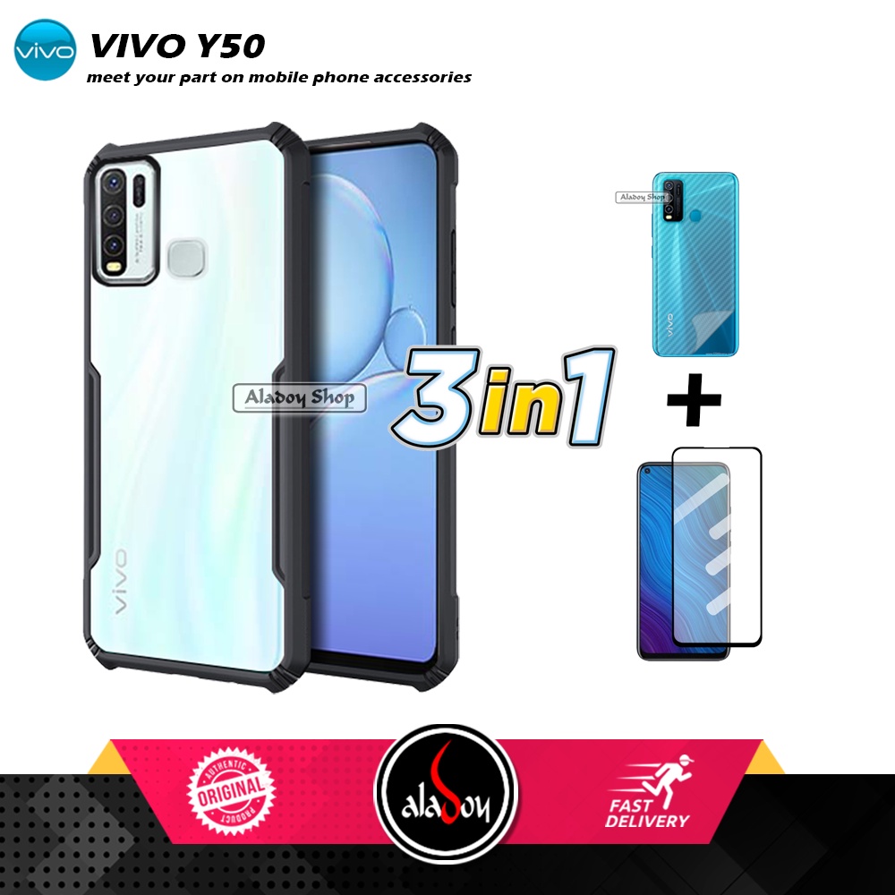 Jual Case VIVO Y50 Armor Fushion Transparent Casing + Tempered Glass Full Layar dan Skin Carbon ...