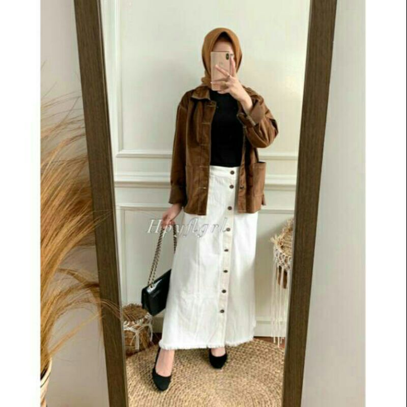 Jual Rok button skirt jeans putih panjang kancing Rok jins denim span ...
