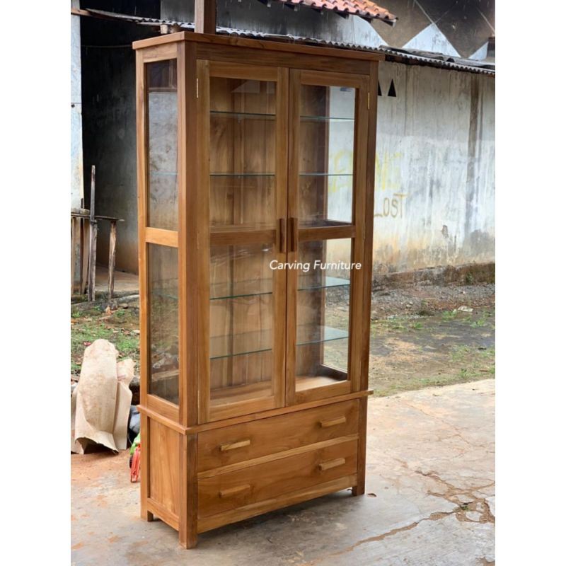 Jual lemari hias minimalis jati rak buku kaca lemari pajangan | Shopee ...