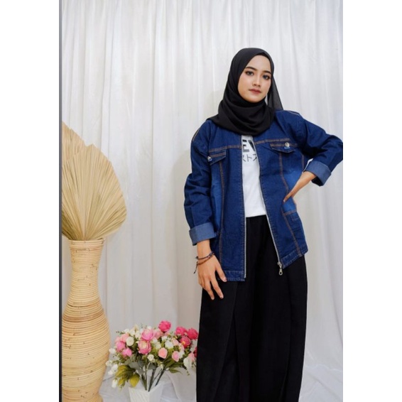Jual Jaket Denim Wanita Kerah Shang Hai Resleting | Shopee Indonesia