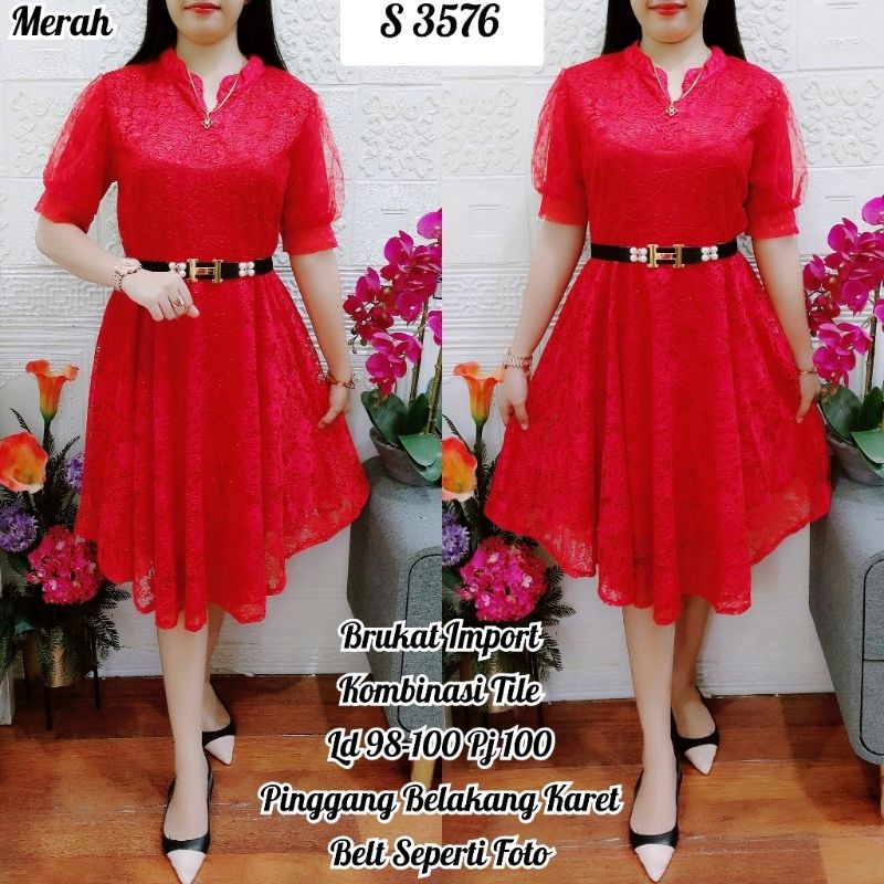 Jual S 3576 #Dresa Brukat Shanghai Merah Polos 51170 1MR + Belt ...