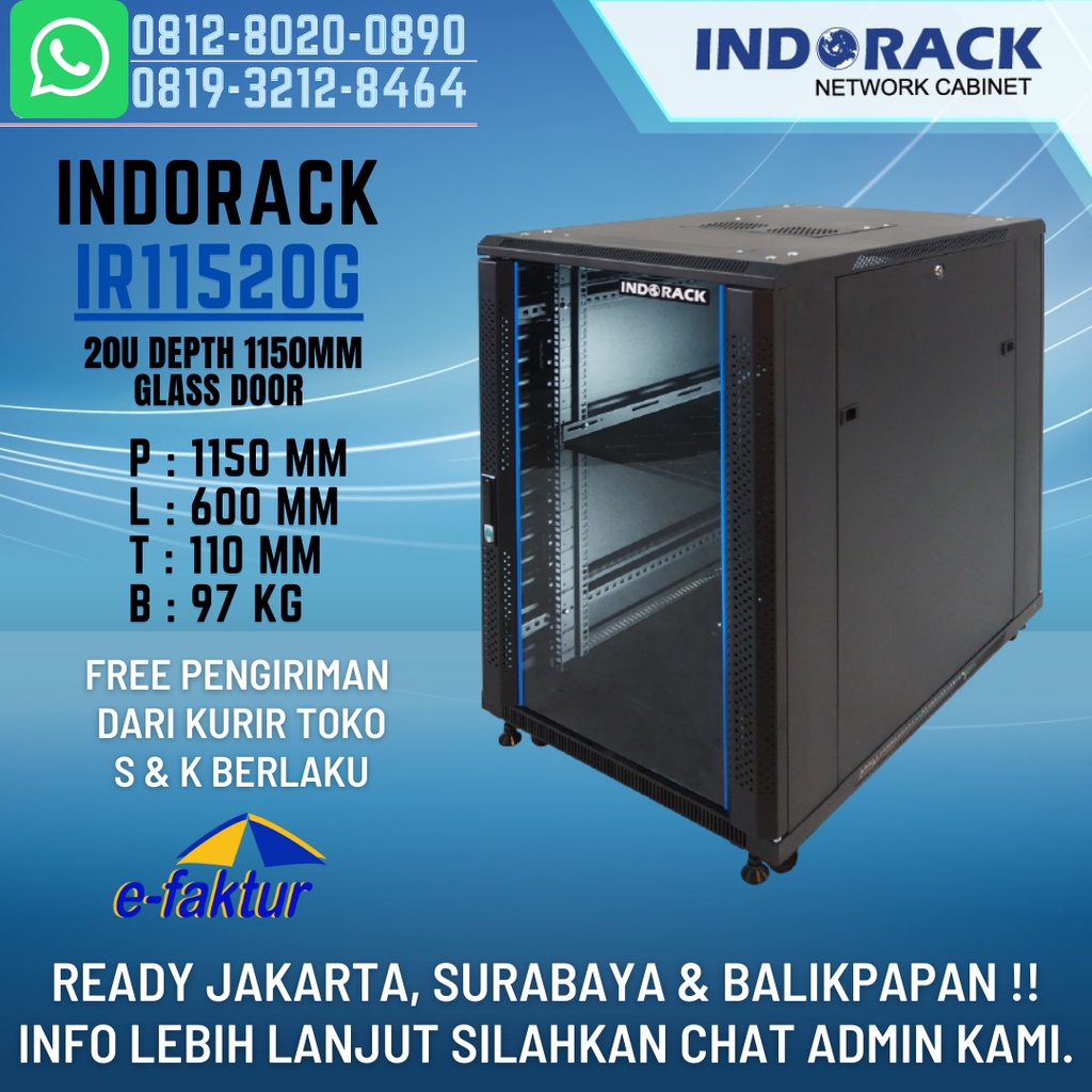 Jual INDORACK CLOSE RACK GLASS DOOR 20U DEPTH 1150MM - IR11520G ...