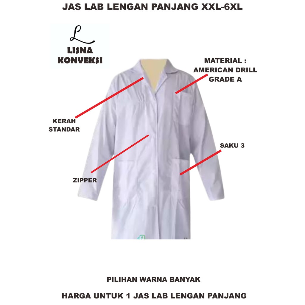 Jual Jas Laboratorium Standar XXL-6XL Lengan Panjang With Zipper ...