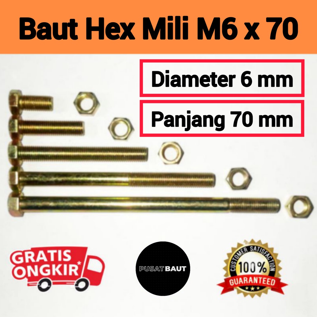 Jual (30 PCS) M6 x 70 Baut Kunci 10 Baut Mur M6x70 Kuning Hex Besi Galvanis Drat Halus | Shopee ...
