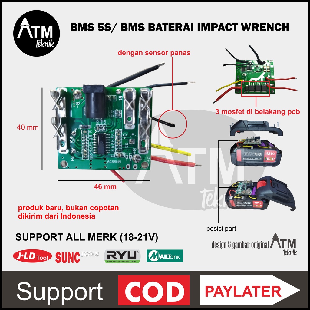 Jual BMS baterai impact wrench 5S papan modul kontrol batrai 18V 20V ...