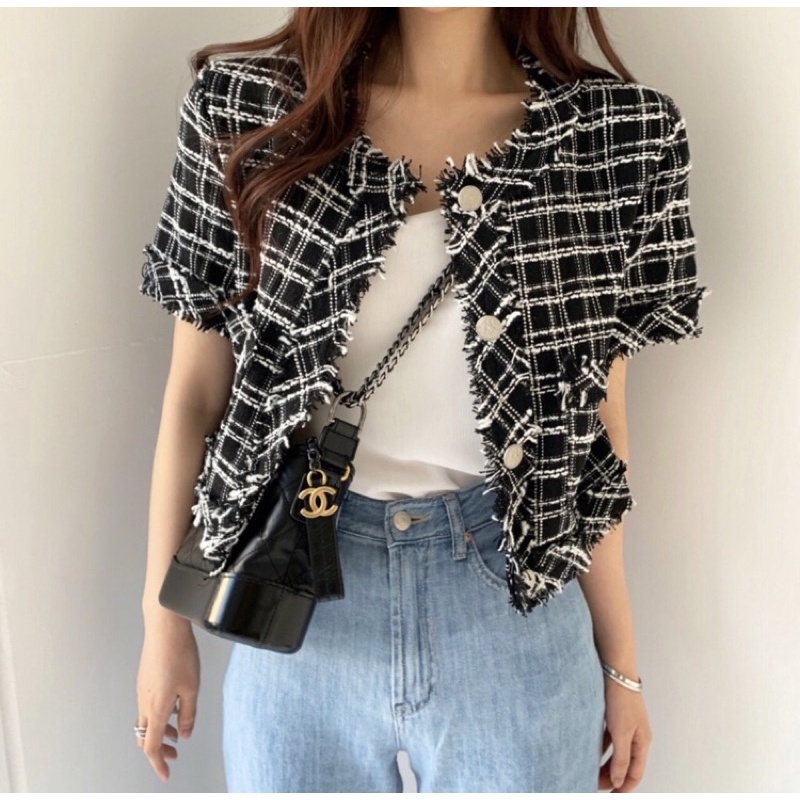 Jual Checker Tweed Crop Blazer | Shopee Indonesia