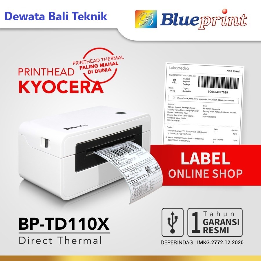 Jual Printer Barcode Thermal Printer Label Resi A6 BLUEPRINT BP - TD110X (USB) | Shopee Indonesia