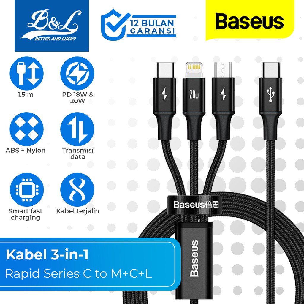 Jual BASEUS Rapid Series Kabel 3-in-1 Type-C to M+C+L PD Fast Charging ...