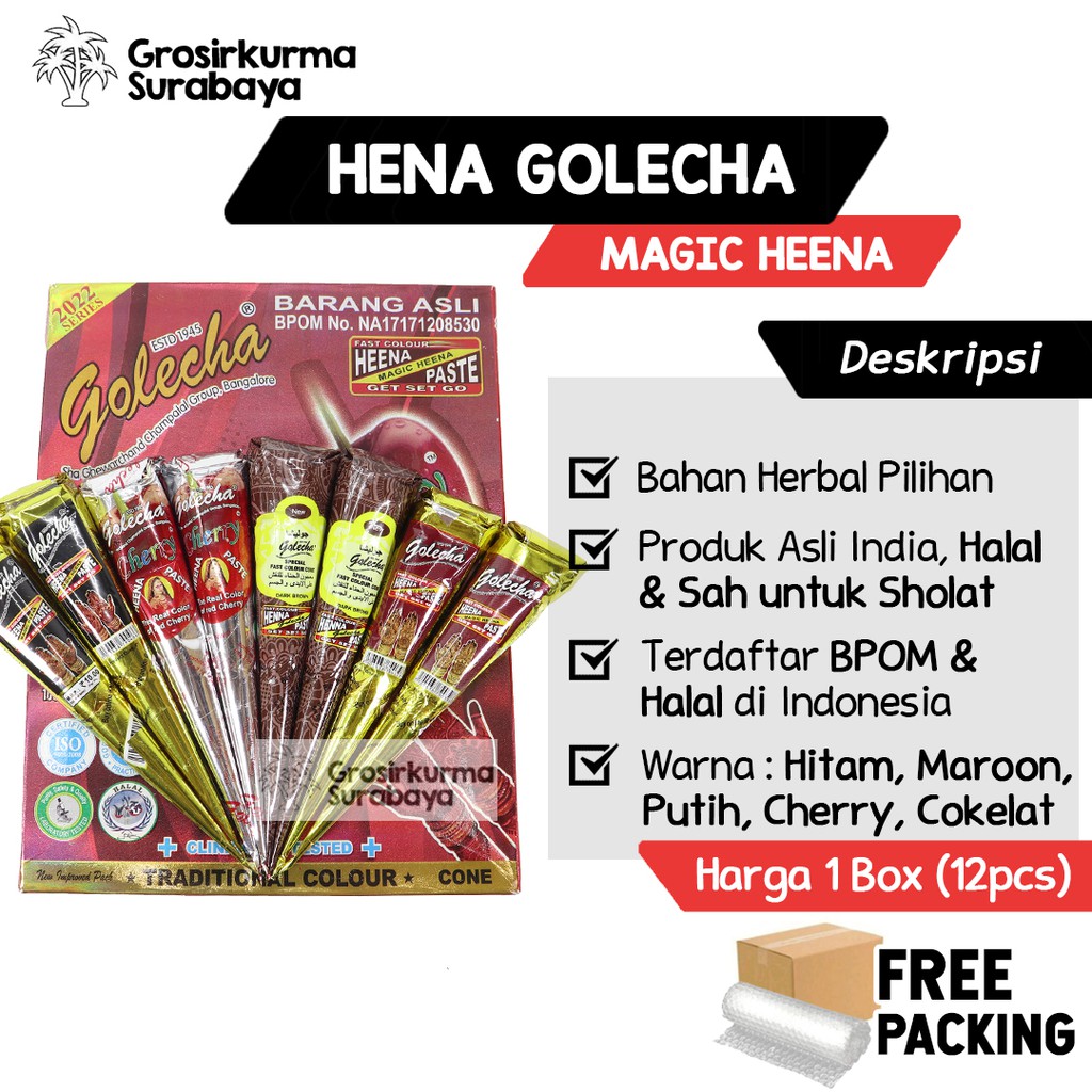 Jual 1 LUSIN (12Pcs) Heena/Henna/Hena Golecha BPOM Maroon Red Cherry ...