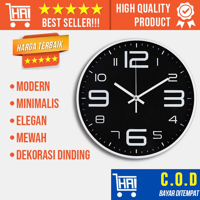 Jual JAM DINDING ANALOG BULAT HITAM MODERN MINIMALIS BUNDAR DEKORASI ...