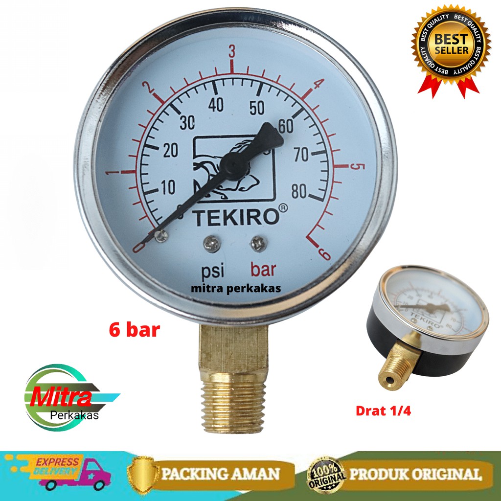 Jual Manometer 6 Bar Pressure Gauge 6Bar 6kg merk TEKIRO Presure Gauge ...