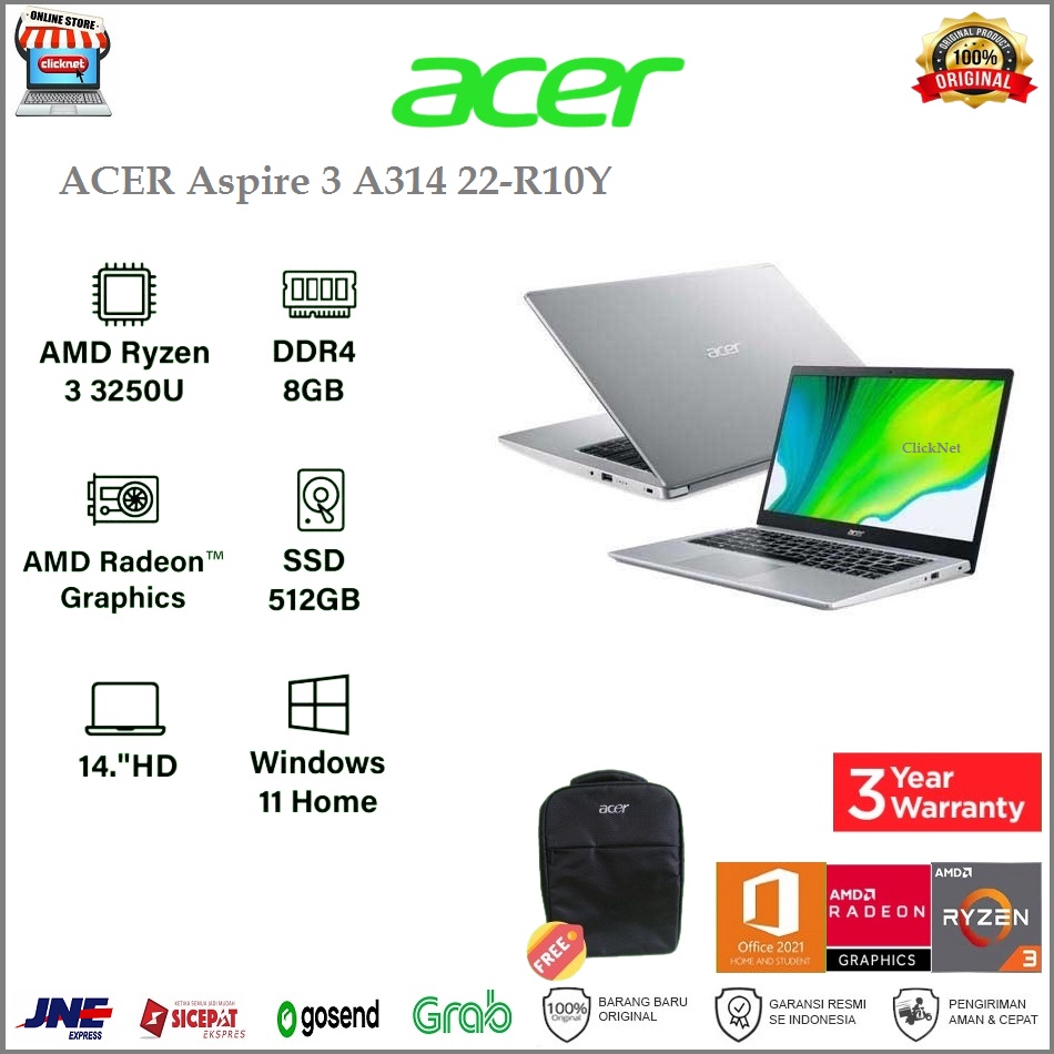 Jual ACER Aspire 3 A314 22-R10Y AMD R3-3250U 8GB 512GB SSD HD WIN11 OHS ...