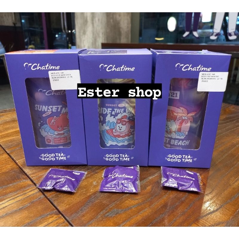 Jual Tumbler botol chatime bt21 edisi on the beach, purple dan clear ...