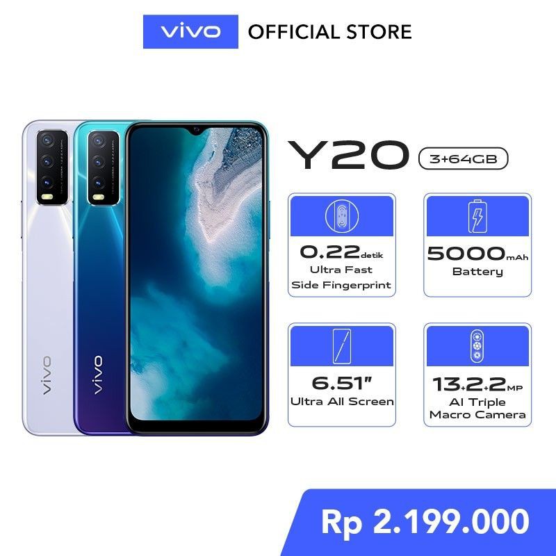 Jual DC - vivo Y20 3GB/64GB - 6.53" HD+, Ultra Fast Side Fingerprint ...