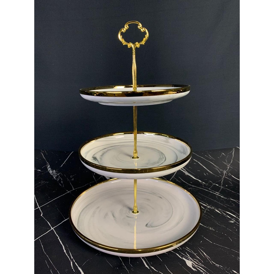 Jual ASHOME Piring Kue Tingkat Keramik Berbagai Warna List Gold / Double Layer Dessert Cake ...