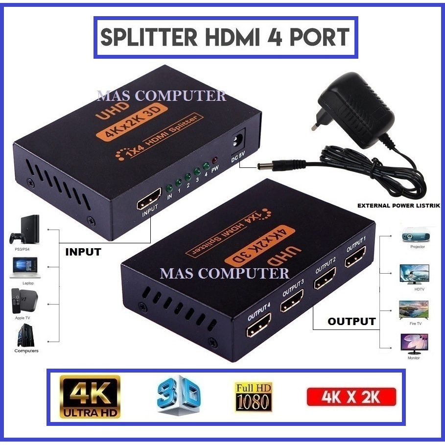 Jual Splitter Hdmi 4Port 4K x 2K 3D FULL HD + Adaptor 1 x 4 / Hdtv ...