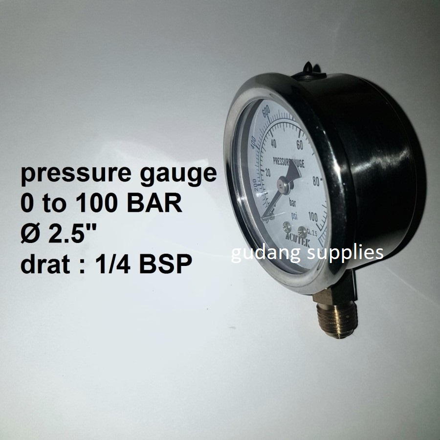 Jual Pressure Gauge 0 to 100 bar. 2.5" Drat : 1/4 BSP + Minyak | Shopee ...
