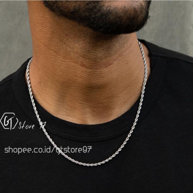 Jual Kalung Pria Titanium Anti Karat Rantai Asli Silver Emas Putih ...