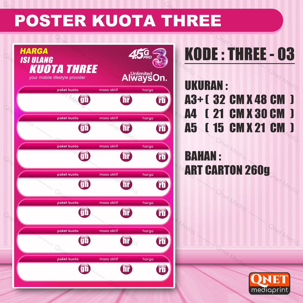Jual POSTER KONTER DAFTAR HARGA KUOTA 3 THREE (CUSTOM) | Shopee Indonesia