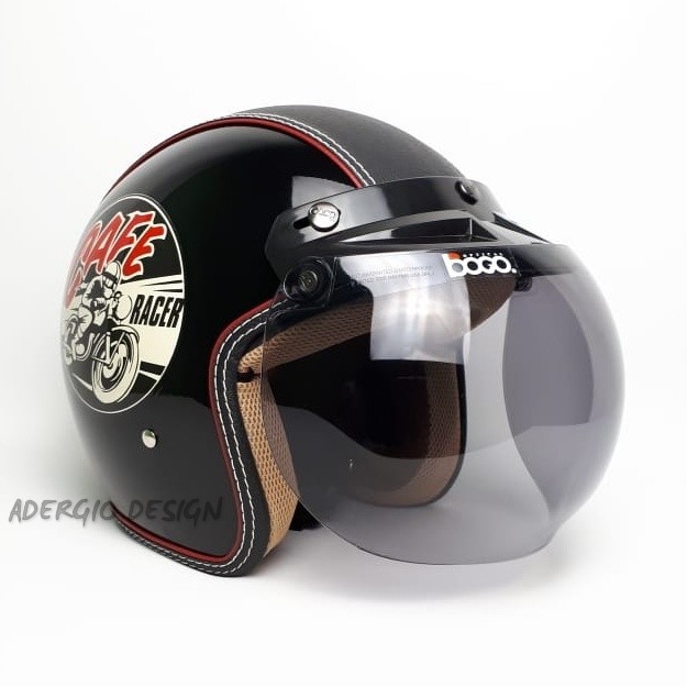 Jual HELM BOGO Motif Cafe Racer Hitam Glossy Semi Kulit Retro Klasik ...