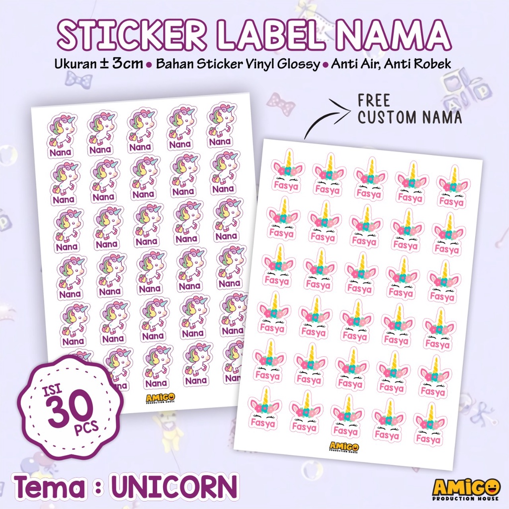 Jual Stiker Label Nama Anak Tema Unicorn Alat Tulis ATK Sticker Lucu ...