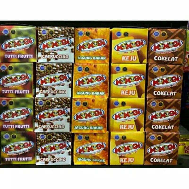 Jual snack momogi 5 gr 1 box isi 20 biji wafer momogi 1 kotak momogi coklat momogi jagung bakar ...