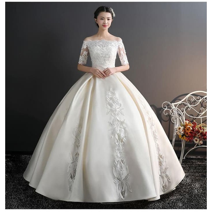 Jual Gaun Pengantin 0560518 Putih Sabrina Lengan Siku Wedding Gown ...