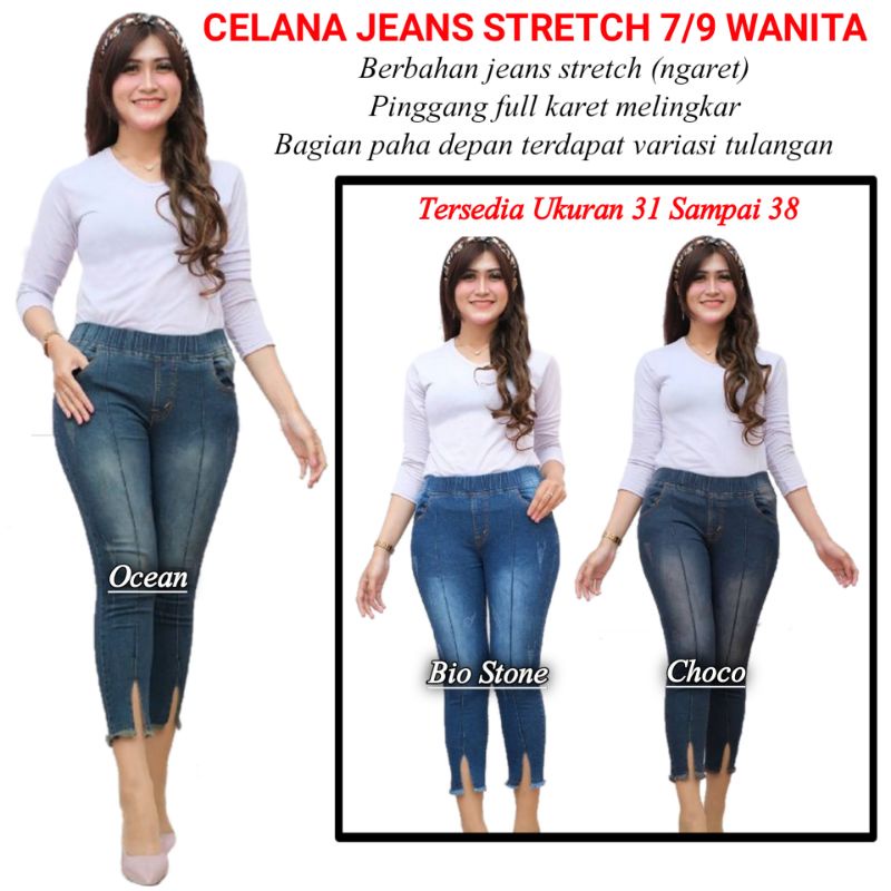 Jual Celana Jeans Stretch Wanita 7/9 Pinggang Karet Elastis Model Rawis Belah Bawah Celana Jins ...