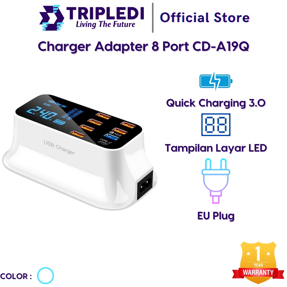 Jual TRIPLEDI Travel Adapter 8 Port CD-A19Q Fast Charging USB Type C ...