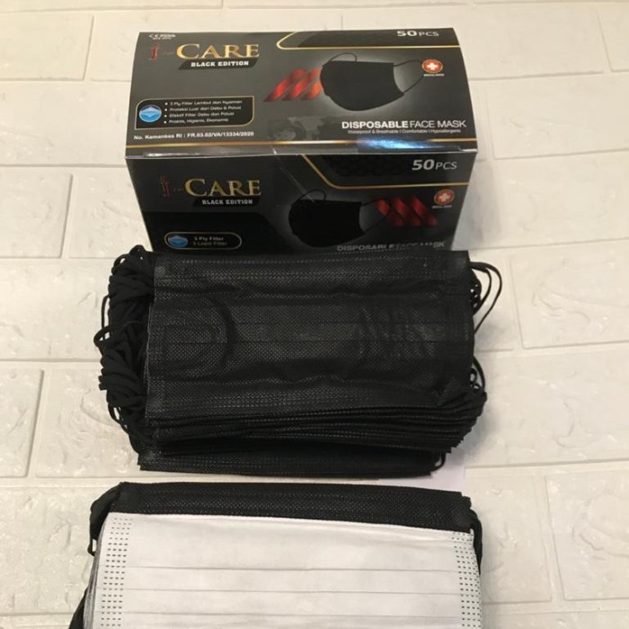 Jual Masker Earloop icare Hitam 3ply Earloop isi 50 Pcs i-Care Black ...