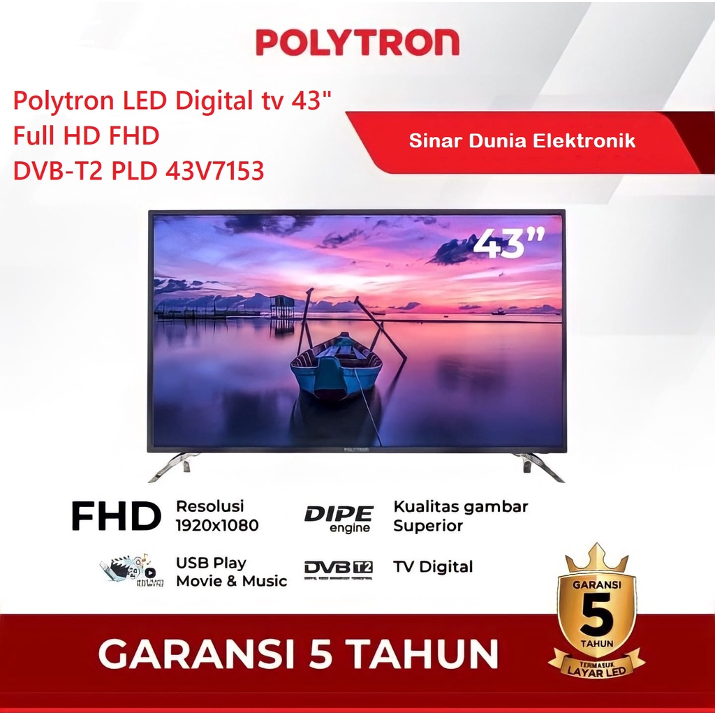 Jual Polytron LED Digital TV 43" Full HD FHD LED DVB-T2 USB PLD 43V1553 ...