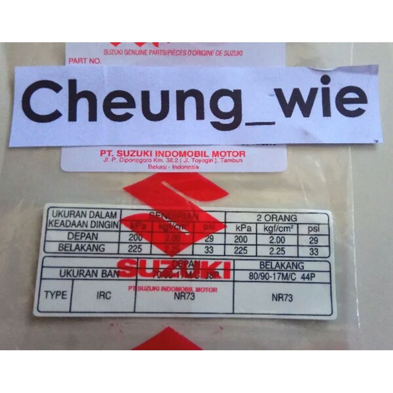 Jual 68332B25G10N000 stiker warning swingarm/ label tekanan ban satria ...