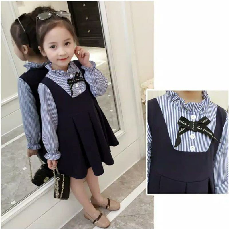 Jual Monella Dress Anak Ala Korea Navy mix Salur aksen Pita | Shopee ...