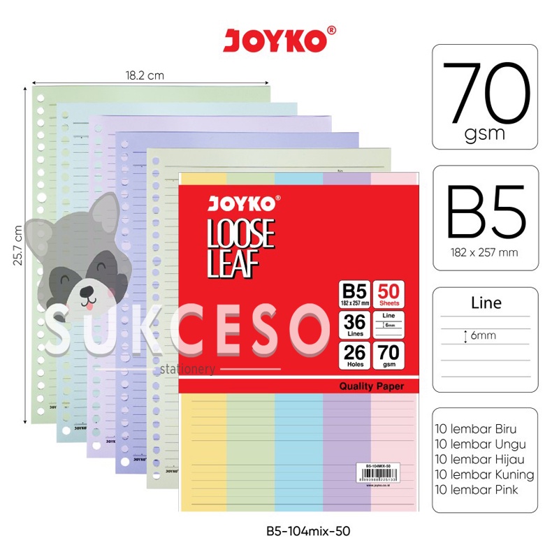 Jual Joyko Loose Leaf B5-104 MIX- 50 Sheets / Isi Kertas File Binder Warna Joyko | Shopee Indonesia