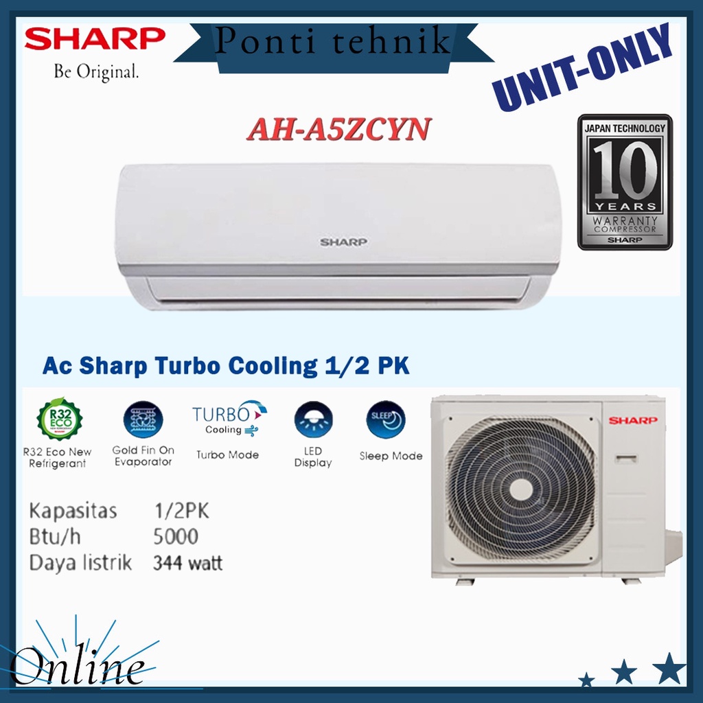 Jual AC SHARP TURBO AH-A5ZCY 1/2 PK UNIT-ONLY | Shopee Indonesia