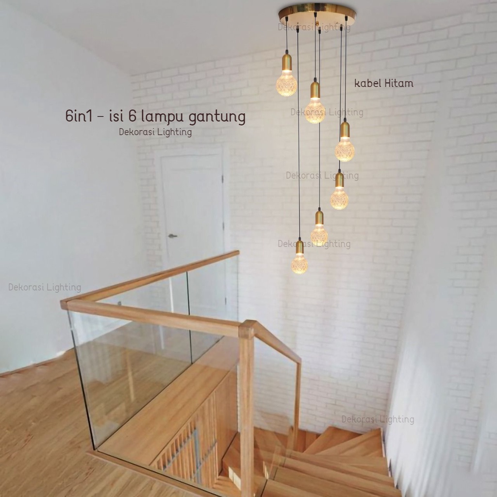 Jual Lampu gantung void tangga 6in1 7in1 kaca kristal modern gold 1set ...