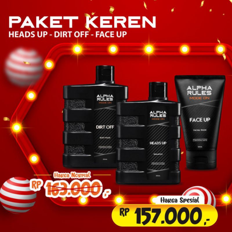 Jual PAKET KEREN Alpha Rules Heads Up shampoo, Dirt Off body wash sabun ...