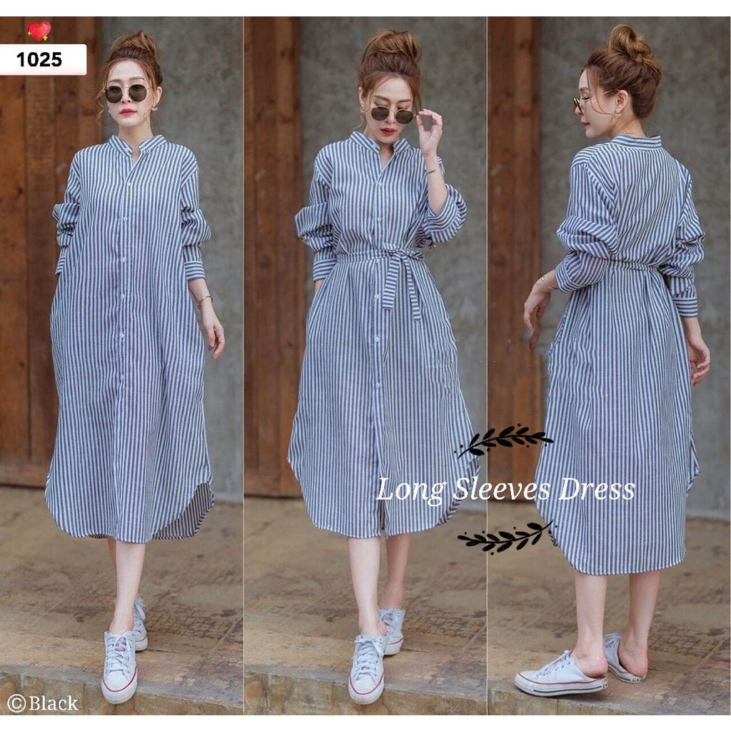 Jual C17 Long Sleeves Dress 1025 Dress Wanita Motif Salur Pakaian Wanita Kemeja | Shopee Indonesia