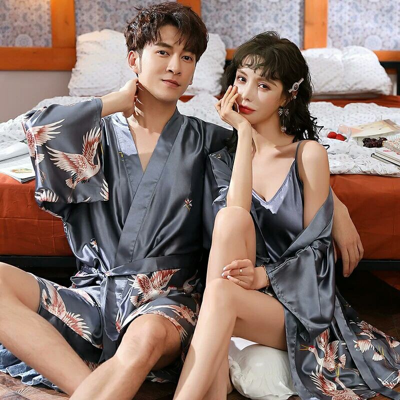 Jual PAJ-16 Piyama couple satin impor kimono satin couple titanium grey ...