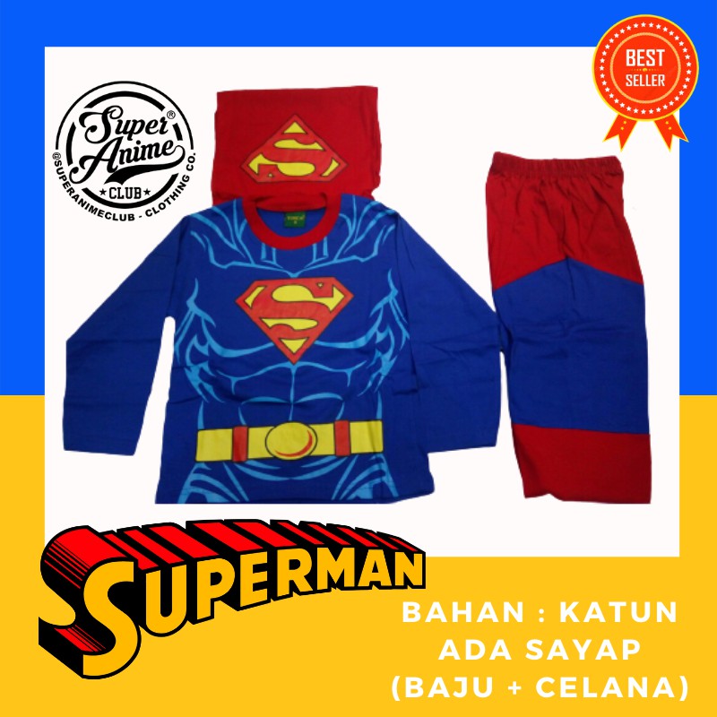 Jual Baju Kostum Superman Anak Setelan Panjang Superhero Sayap | Shopee ...
