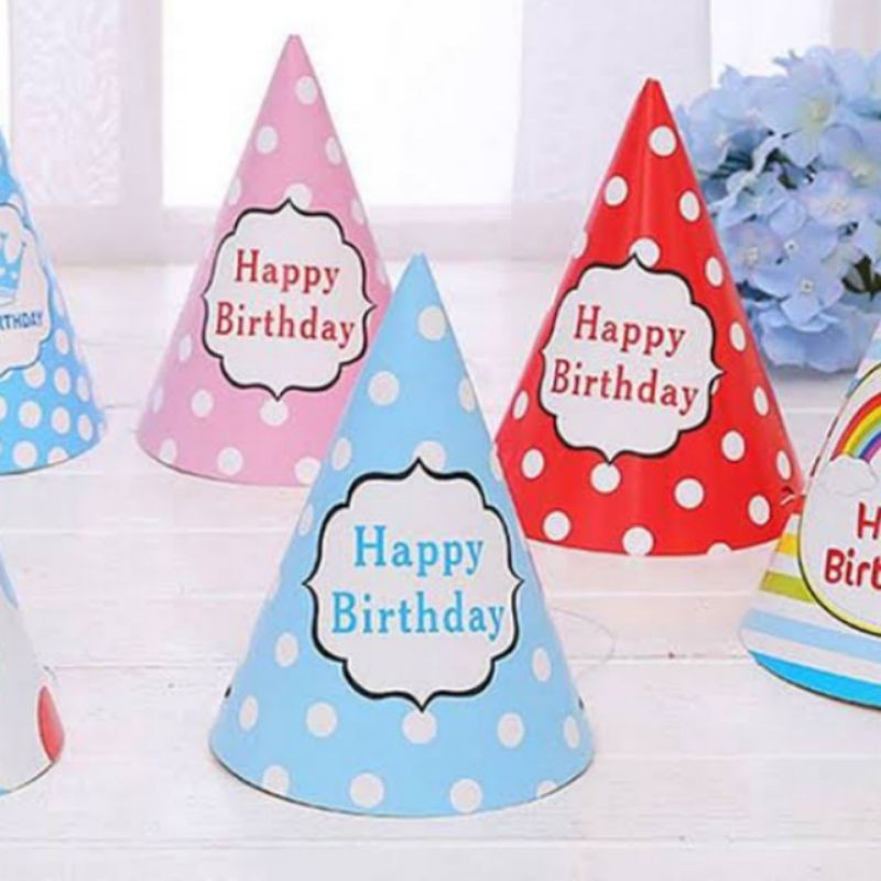 Jual topi ulang tahun isi 10 polcadot happy birthday pink blue high ...