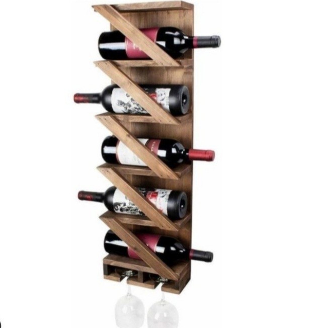 Jual Rak Wine Tempel Dinding Kapasitas 5 Botol 2 Gelas Bahan Dari Kayu ...