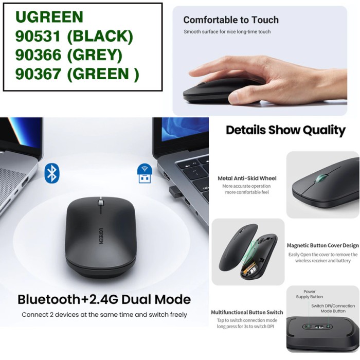 Jual Ugreen Mouse Wireless Bluetooth & USB Mini Receiver 2.4Ghz 4000dpi ...