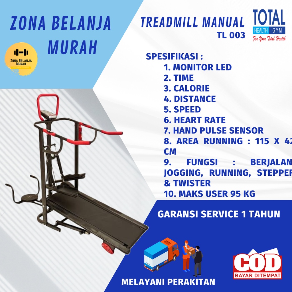Jual Alat Olahraga Fitness Treadmill Manual 4 Fungsi TL 003 Treadmil ...