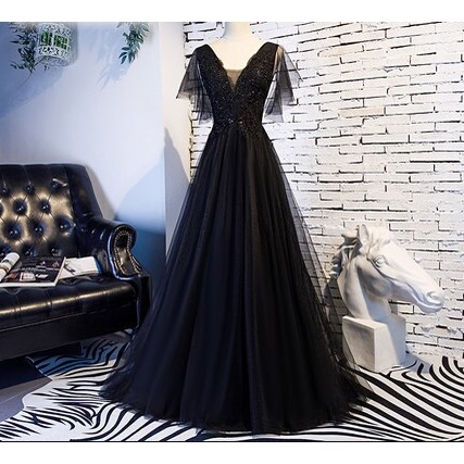Jual Gaun Malam Kerah V Hitam Menawan Gaun Pesta Bahan Formal Manik ...
