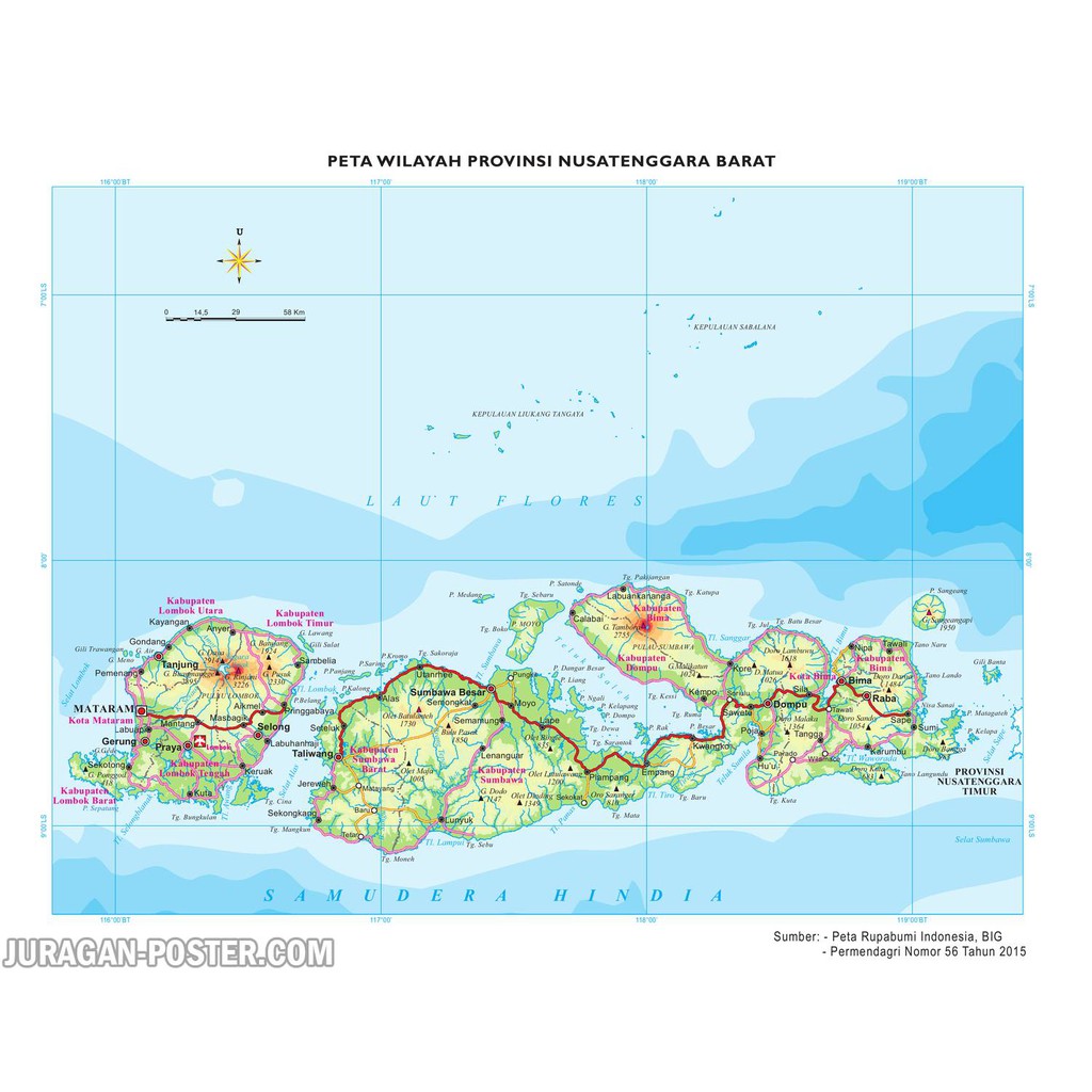 Jual Peta Dinding Provinsi Nusa Tenggara Barat Ukuran 150x200cm Bahan ...