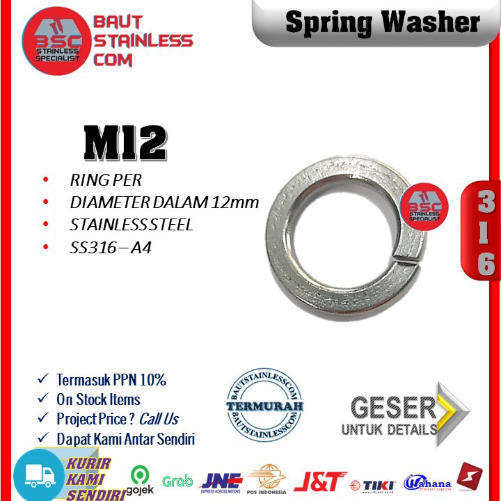 Jual WASHER RINGPER M12 - SPRING WASHER STAINLESS SS316 A4 ISI 10 PCS ...